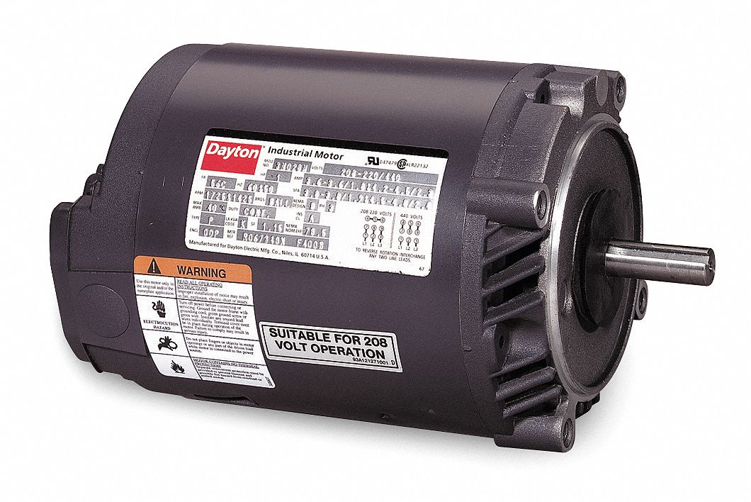 General Purpose Motor, 1/3 HP, 3-Phase, Nameplate RPM 1725, Voltage 208 ...