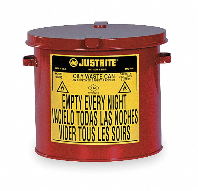 JUSTRITE, 2 gal Capacity, Red, Oily Waste Can - 2RYG9|09200 - Grainger