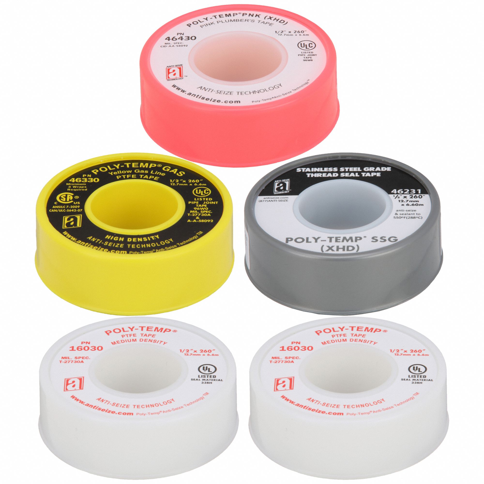 ANTI-SEIZE TECH., Med Density, 1/2 in x 21 ft, Thread Seal Tape ...
