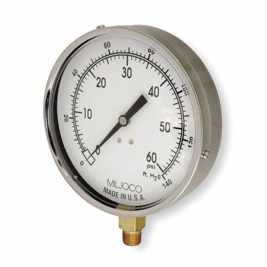 MILJOCO Pressure Gauge, 60 psi, 140 ft wc Range, 1/4 in NPT, ±1.00% ...