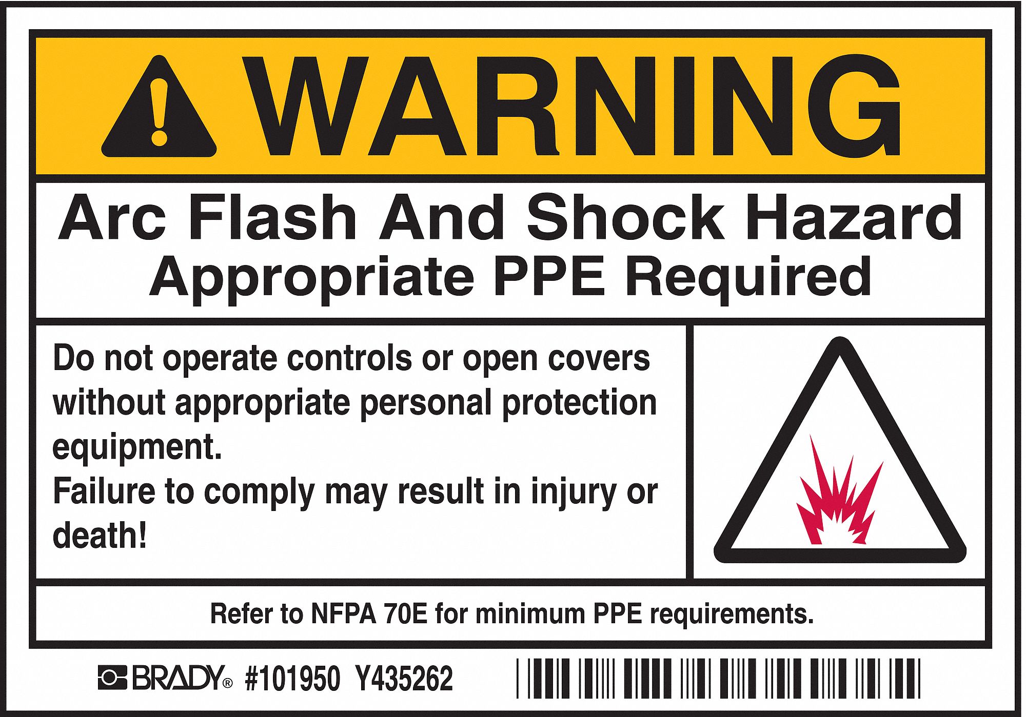 Arc Flash Protection Label, Self Sticking Polyester, 5" Width, 3-1/2 ...
