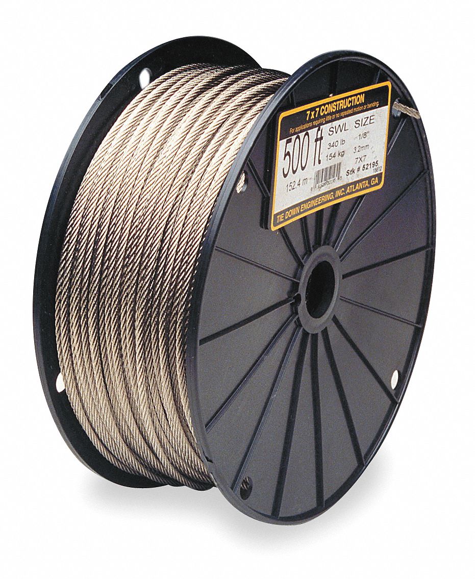 Cable, 304 Stainless Steel, 7 x 19, 1/4 in Cable Size, 1/4 in Outside ...