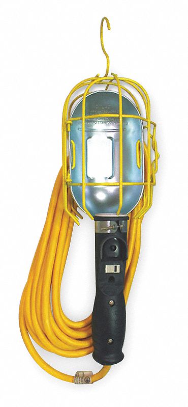Incandescent Hand Lamp, 75 Lamp Watts, 50 ft Cord Length, Yellow - Grainger