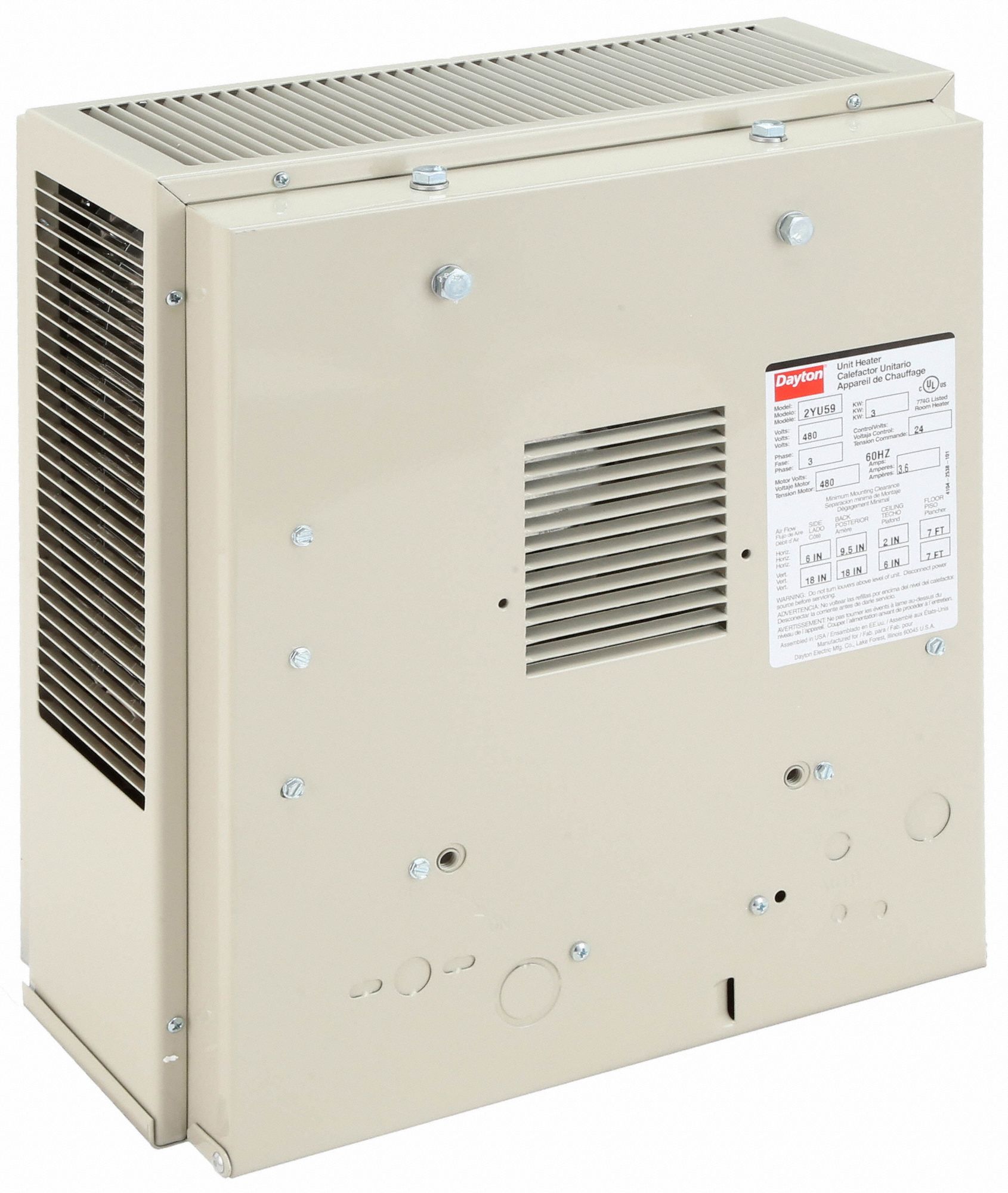 DAYTON Electric Wall & Ceiling Unit Heater: 3kW Watt Output, 480V AC, 3 ...
