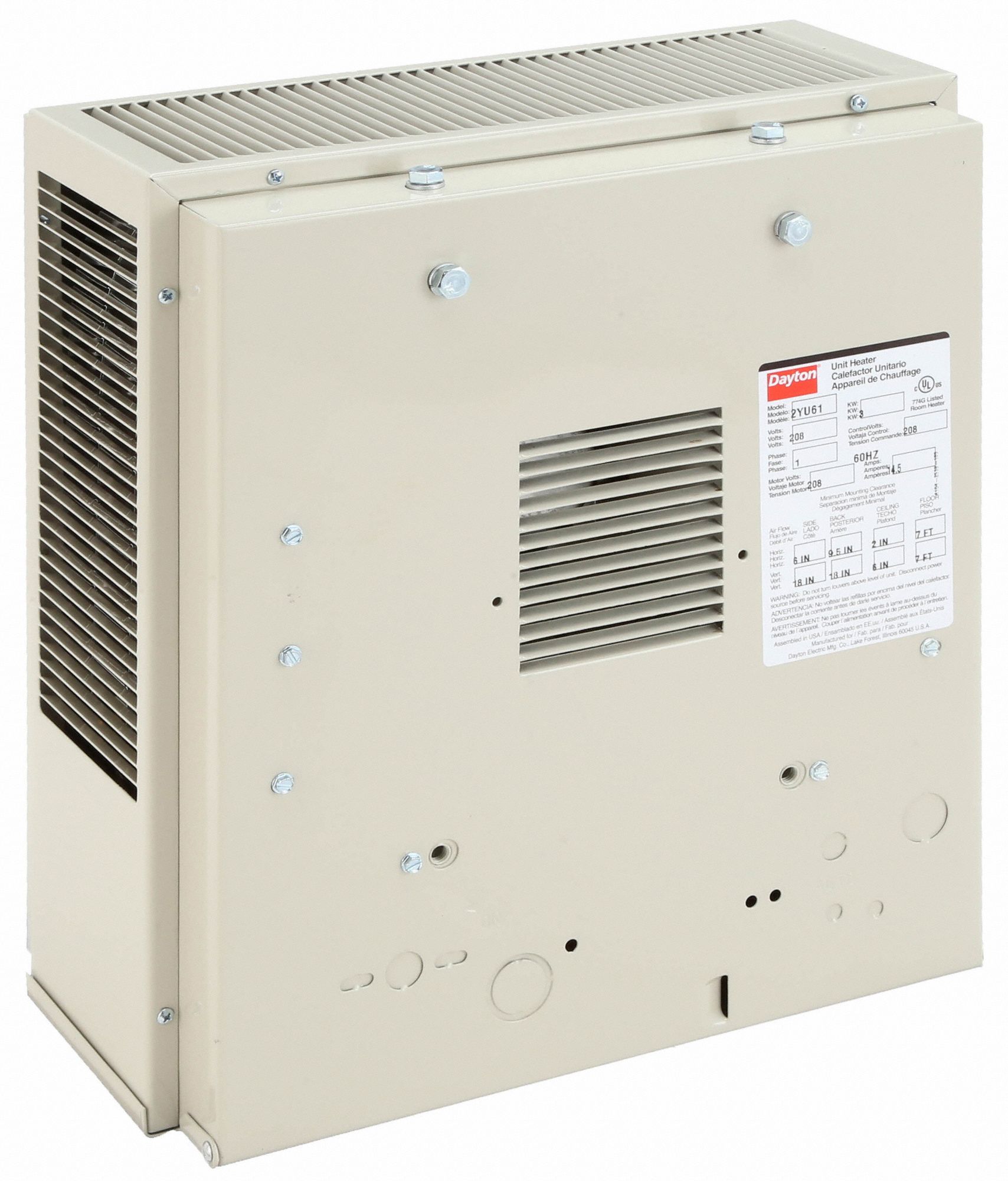 DAYTON Electric Wall & Ceiling Unit Heater, 3kW, 208V AC, 1-phase, Air ...