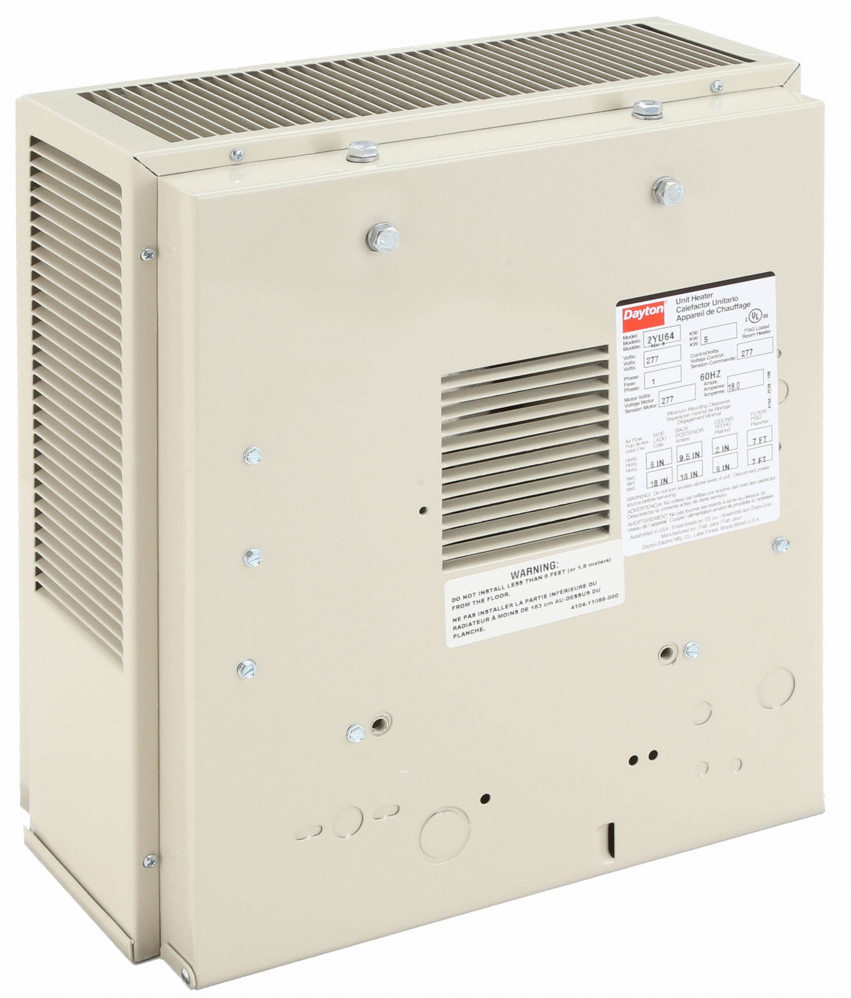DAYTON Electric Wall & Ceiling Unit Heater, 5kW, 277V AC, 1-phase, Air ...