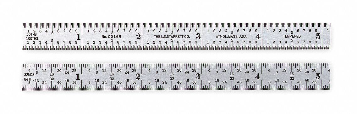 STARRETT Steel Rule, Flexible: 16R, 100ths/32nds/50ths/64ths, 6 in Lg ...