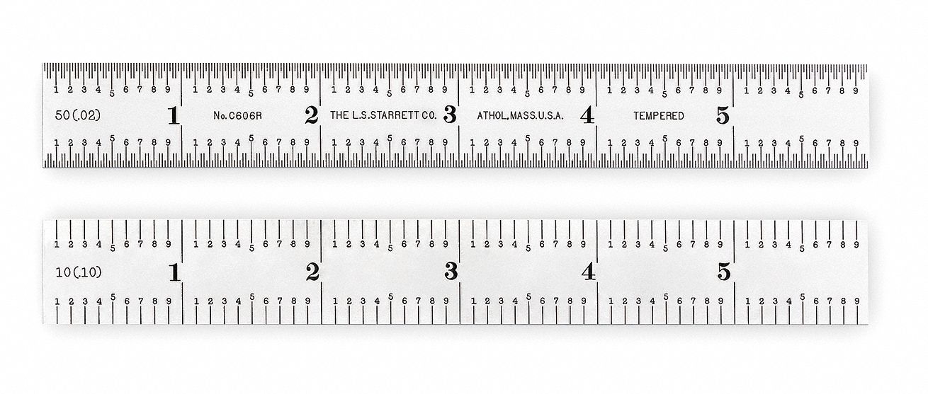 STARRETT Steel Rule, Spring Tempered: 6R, 50ths, 50ths, 10ths, 10ths, 6 ...