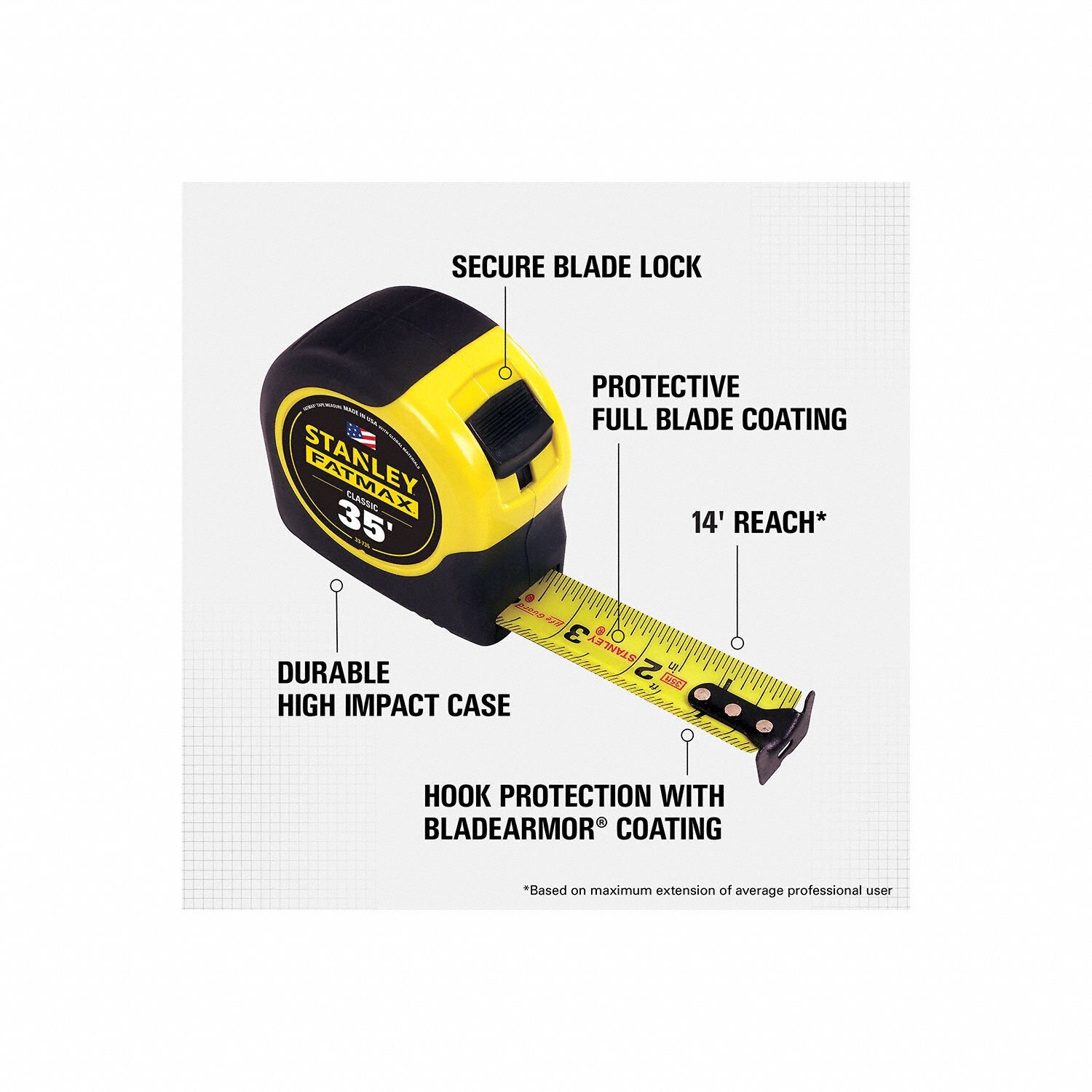STANLEY 33-735 Tape Measure,1-1/4 Inx35 ft,Yellow/Black 3TB92 ...