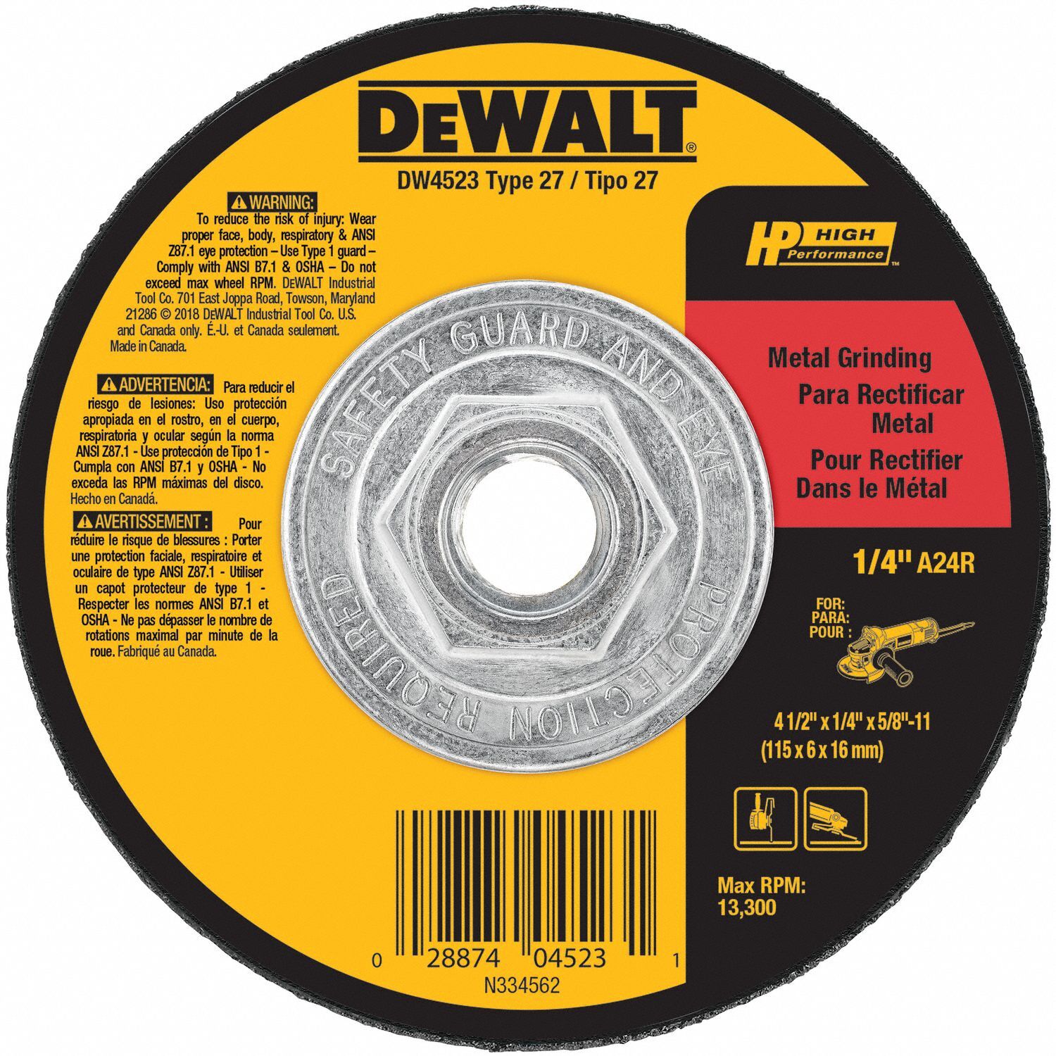 DEWALT, Type 27, 4 1/2" x 1/4" x 5/8"-11, Depressed Center Grinding ...