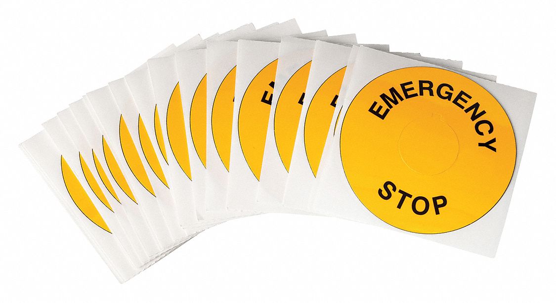 BRADY Round Emergency Stop Legend Plate Label, Polyester with Acrylic ...