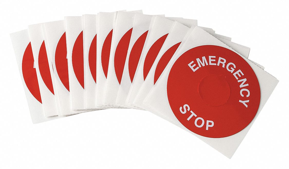 BRADY Round Emergency Stop Legend Plate Label, Polyester with Acrylic ...
