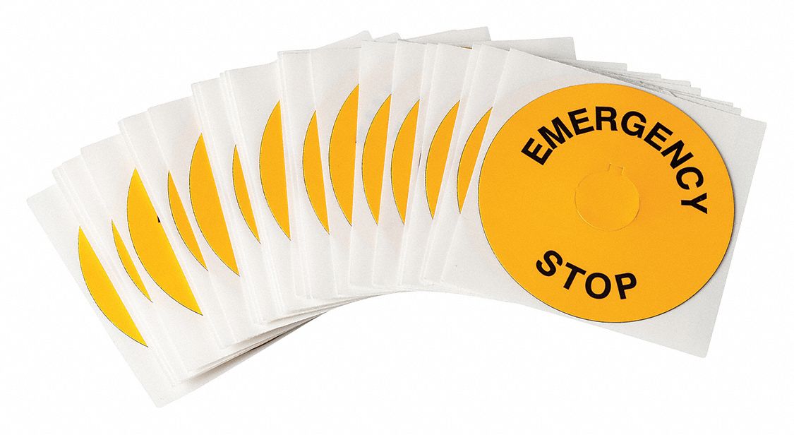 BRADY Round Emergency Stop Legend Plate Label, Polyester with Acrylic ...