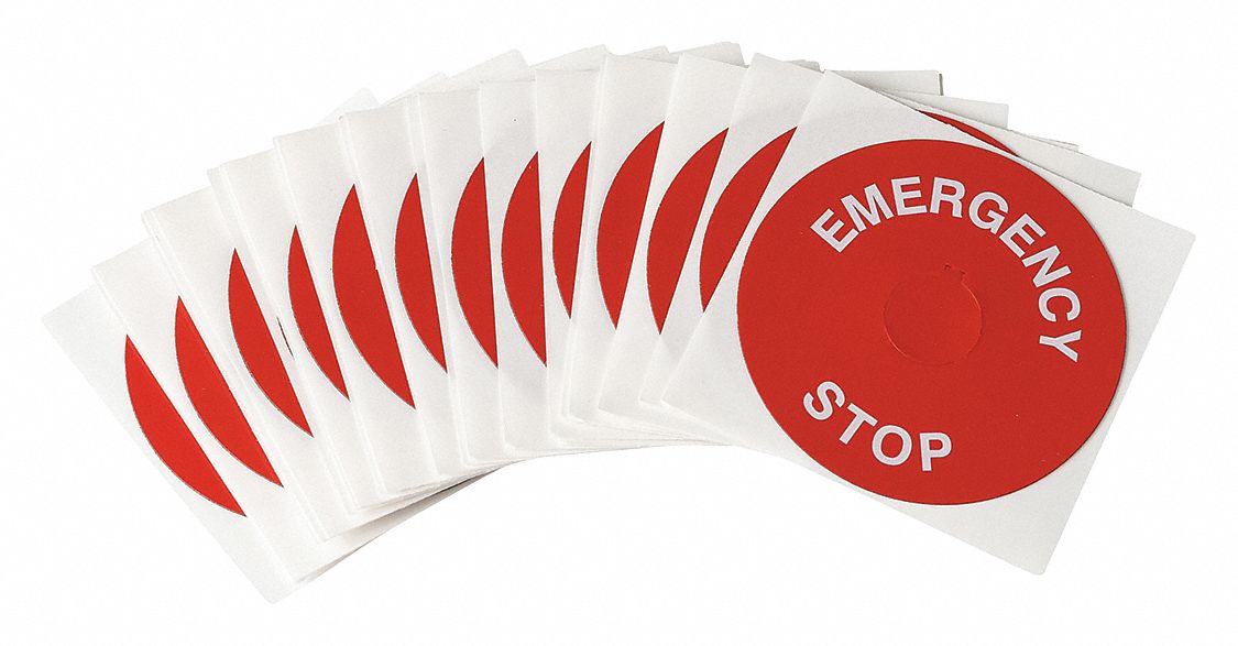 BRADY Round Emergency Stop Legend Plate Label, Polyester with Acrylic ...
