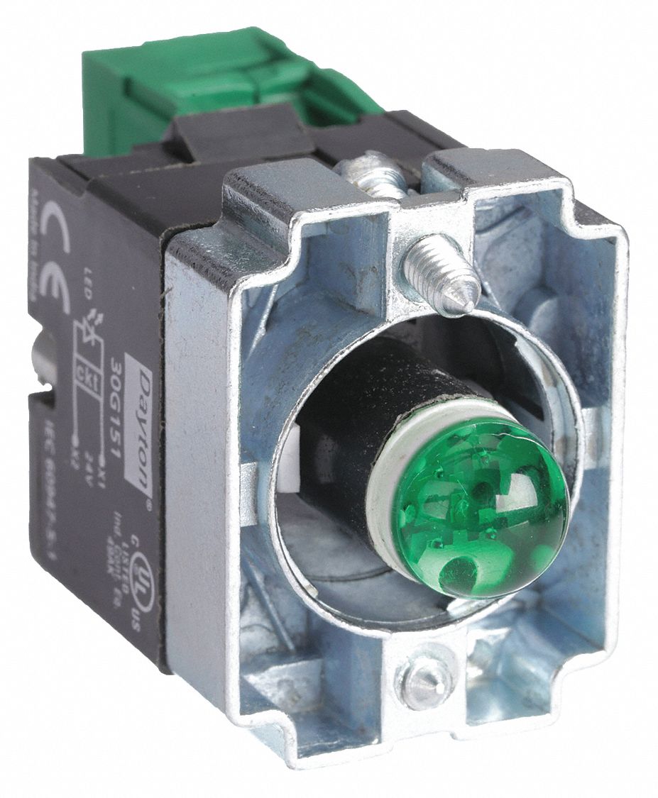 DAYTON Lamp Module and Contact Block: Chrome Operators, Green, 1NO, 24V ...