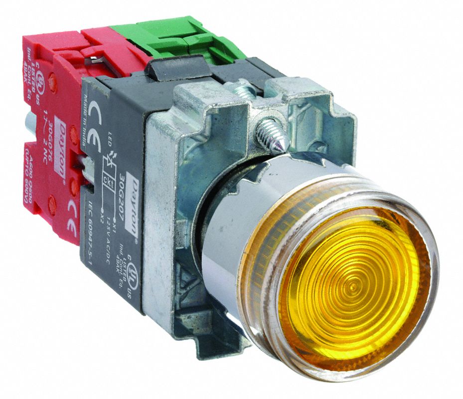 DAYTON Botón Pulsador Iluminado, Amarillo, 22mm, LED, 1NA/1NC, Acción ...