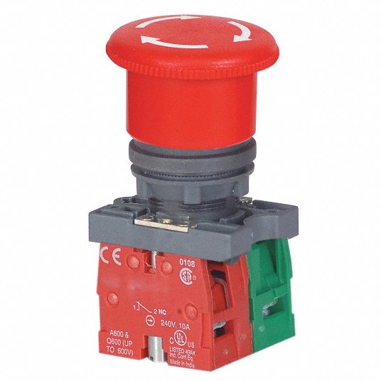 DAYTON Emergency Stop Push Button, 22 mm, Maintained Push / Turn To Release, 40mm Mushroom Head ...
