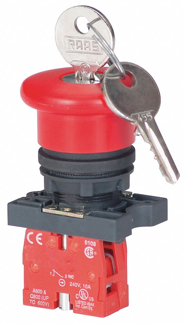 DAYTON Emergency Stop Push Button: 22 mm Size, Maintained Push / Key ...