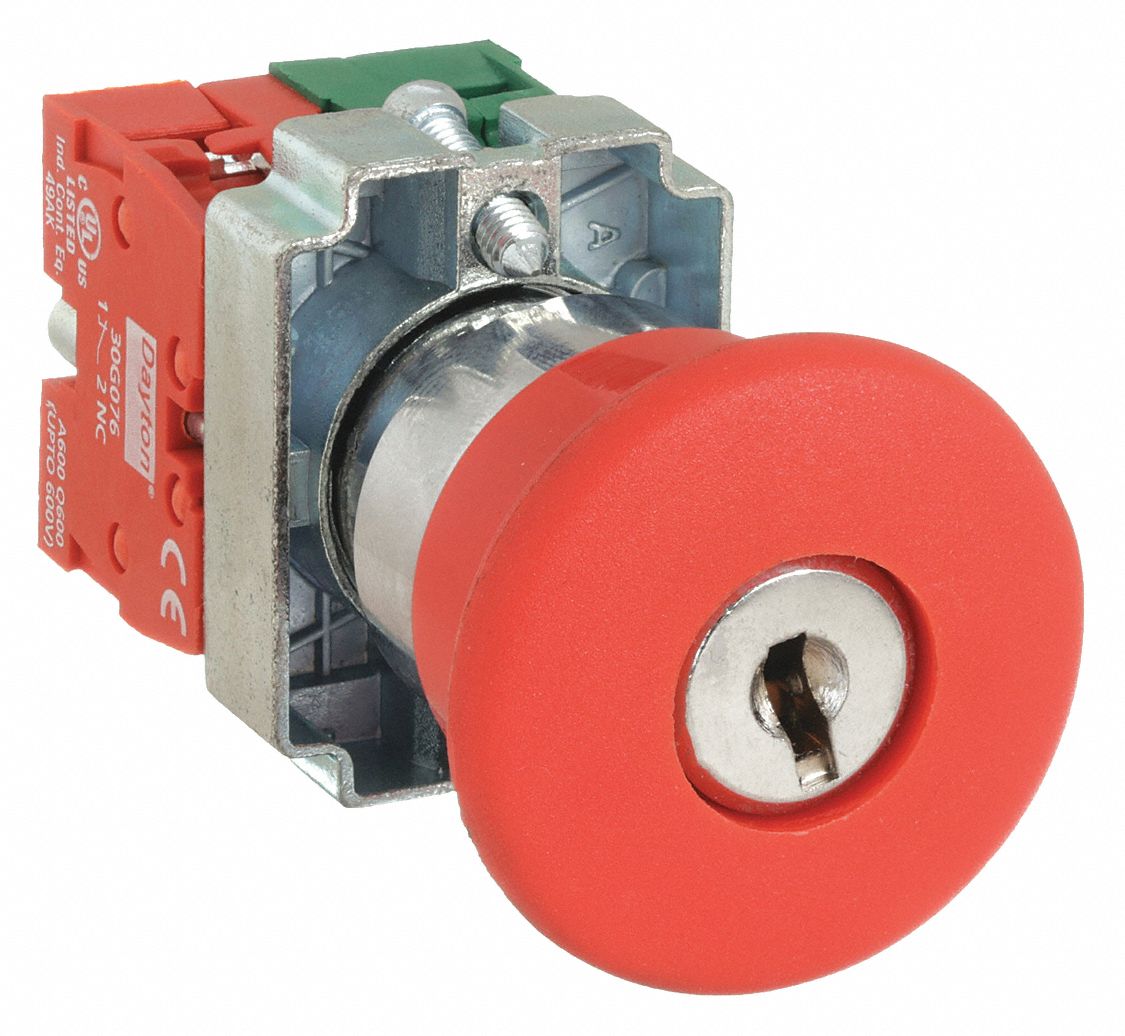 DAYTON Emergency Stop Push Button: 22 mm Size, Maintained Push / Key Release, Red, 1NO/1NC ...