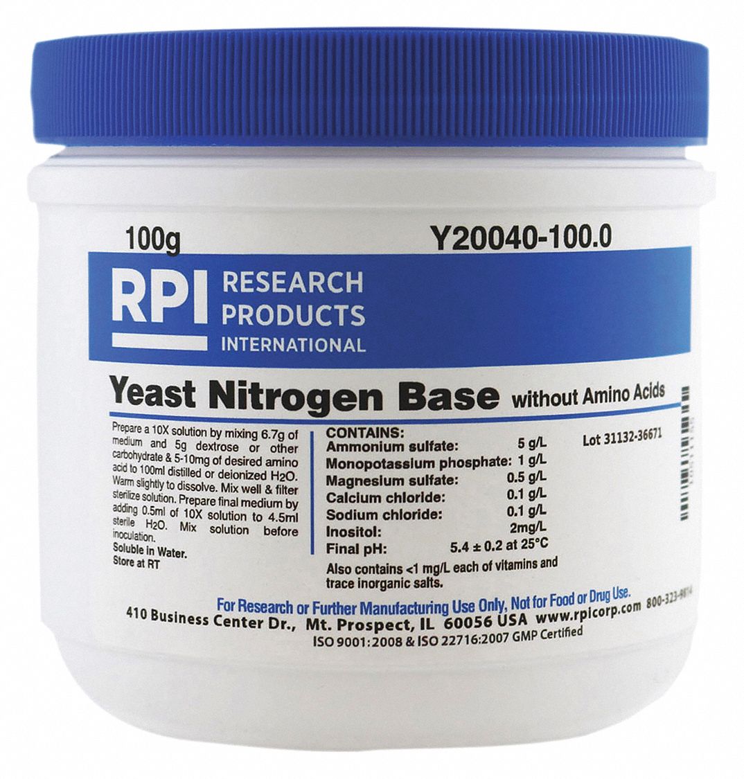 RPI Yeast Nitrogen Base w/ Amino Acids: 100 g Container Size, Powder ...