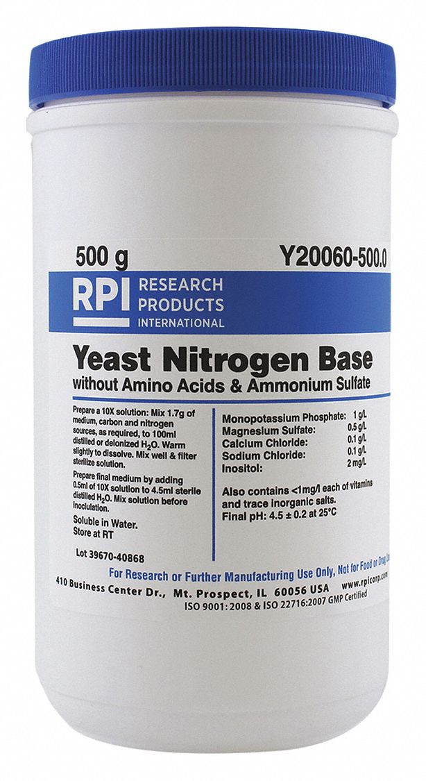 RPI Yeast Nitrogen Base w/ Acid/Sulfate: 500 g Container Size, Powder ...