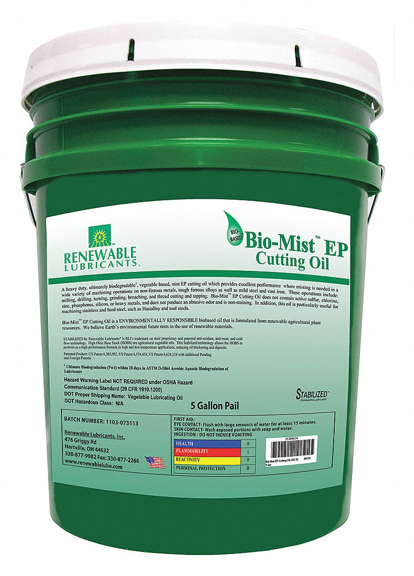 RENEWABLE LUBRICANTS, Bio-Mist EP, 5 gal, Cutting Oil - 30WL74|86734 ...