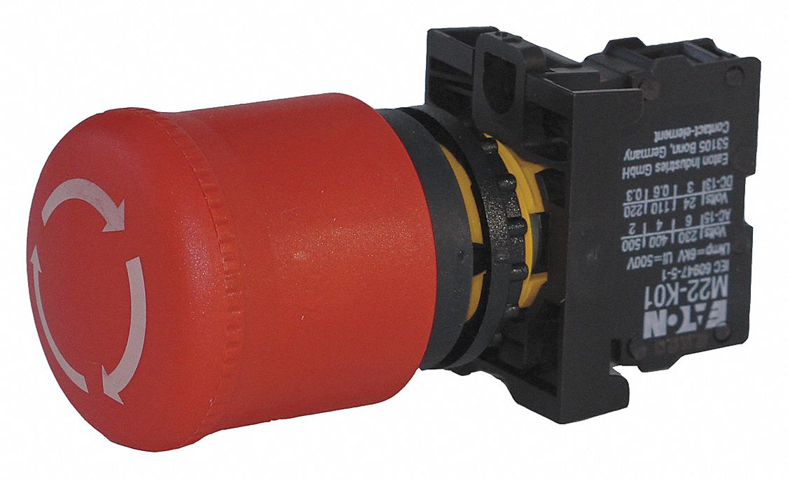 EATON Emergency Stop Push Button: 22 mm Size, Maintained Push / Turn To Release, Red, 2NC ...