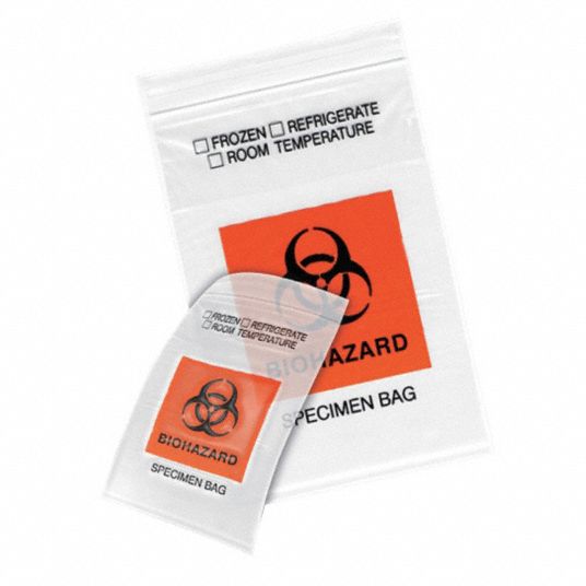 Biohazard Specimen Bag, 9" Length, 6" Width, Ziplock Closure Type, PK ...