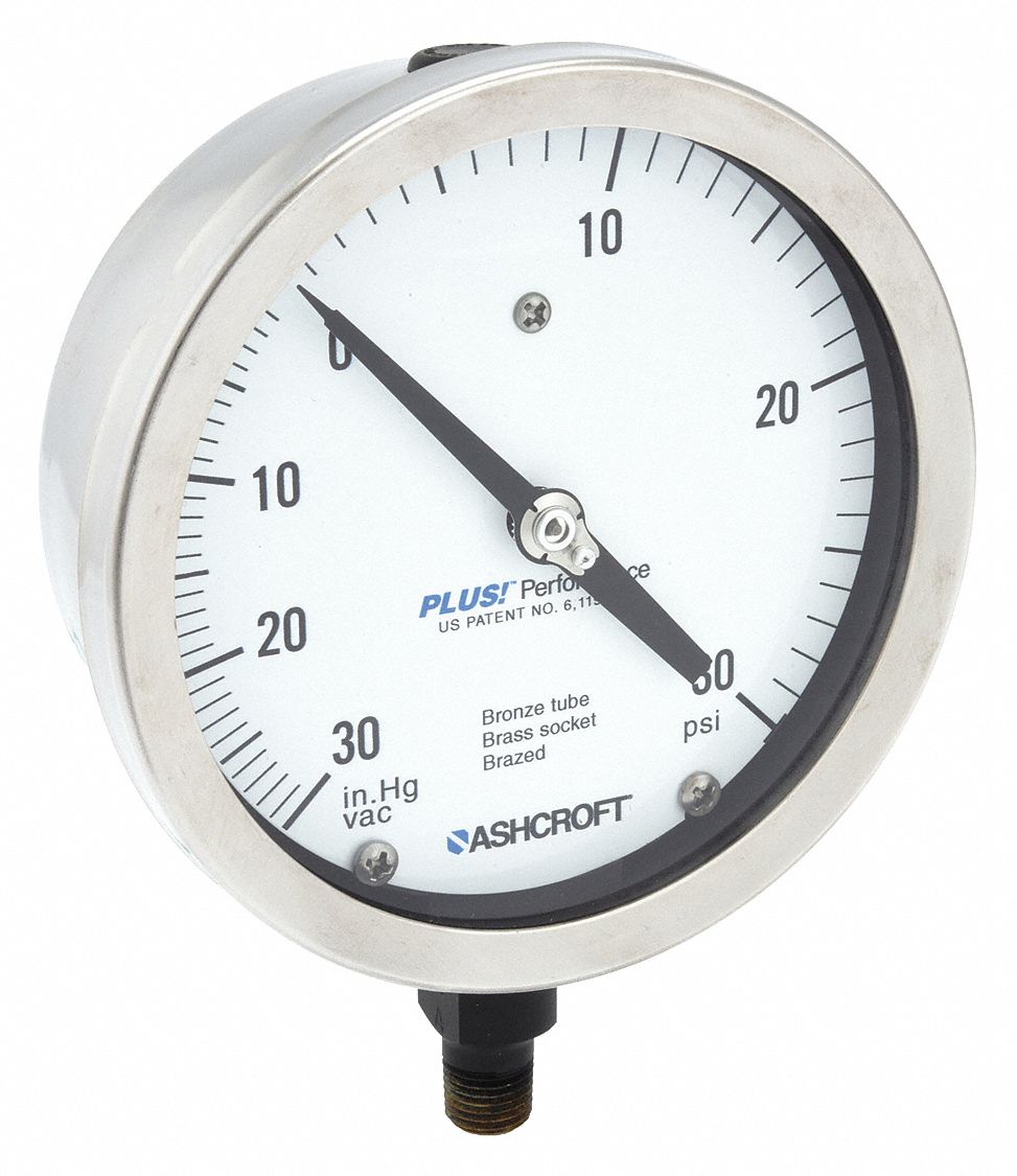ASHCROFT, 30 in Hg to 0 psi / Hg to 30 psi, 4 1/2 in Dial, Industrial Compound Gauge - 30ZZ77 ...