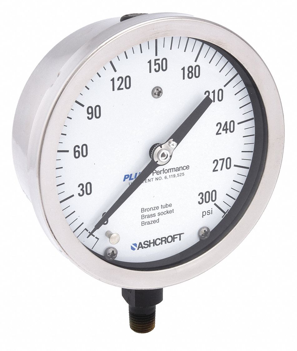 ASHCROFT, 0 psi / Hg to 300 psi, 4 1/2 in Dial, Industrial Pressure Gauge - 30ZZ83|1009A - Grainger