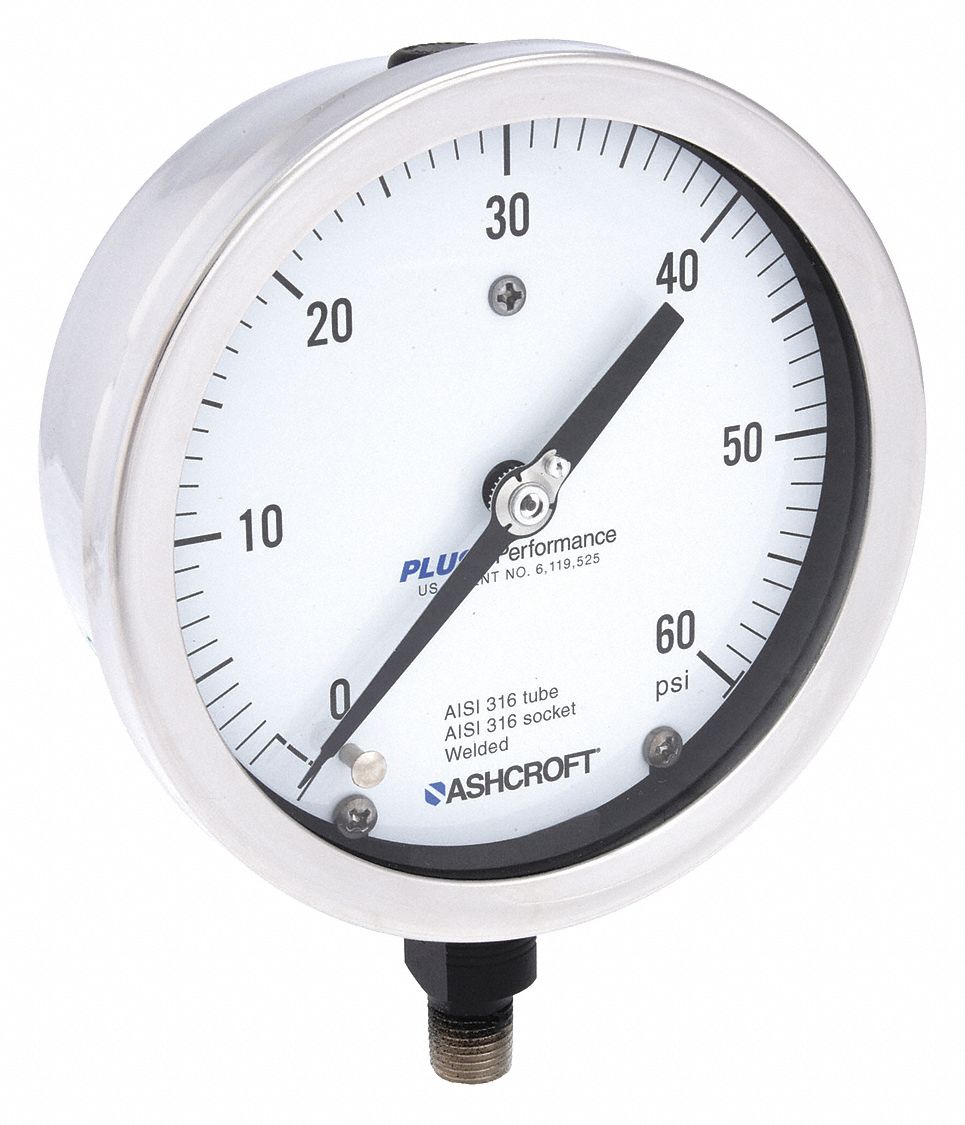 ASHCROFT, 0 psi / Hg to 60 psi, 2 1/2 in Dial, Industrial Pressure Gauge - 30ZZ92|1009S - Grainger