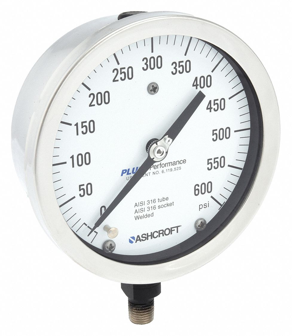 ASHCROFT, 0 psi / Hg to 600 psi, 4 1/2 in Dial, Industrial Pressure Gauge - 30ZZ97|1009S - Grainger