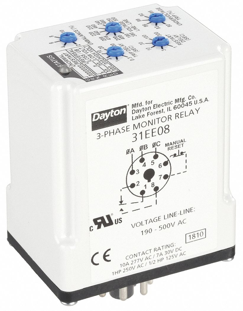 DAYTON, Socket Mounted, 10 A Current Rating, Phase Monitor Relay ...
