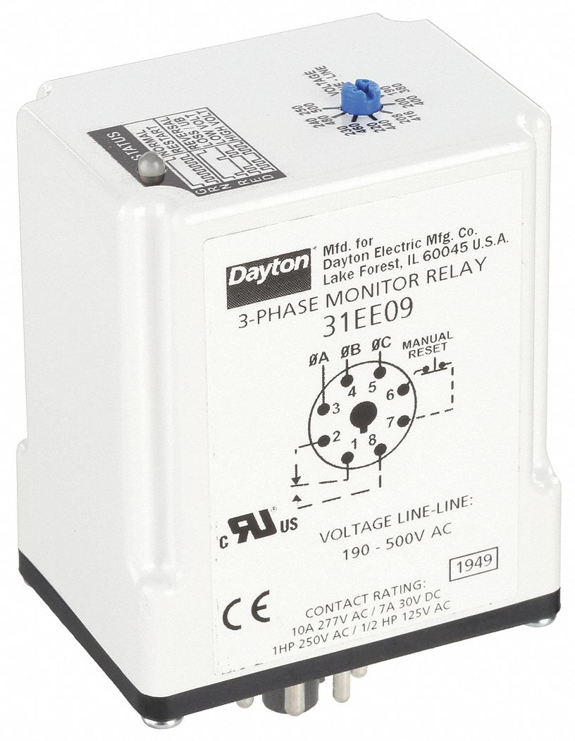 DAYTON, Socket Mounted, 10 A Current Rating, Phase Monitor Relay ...