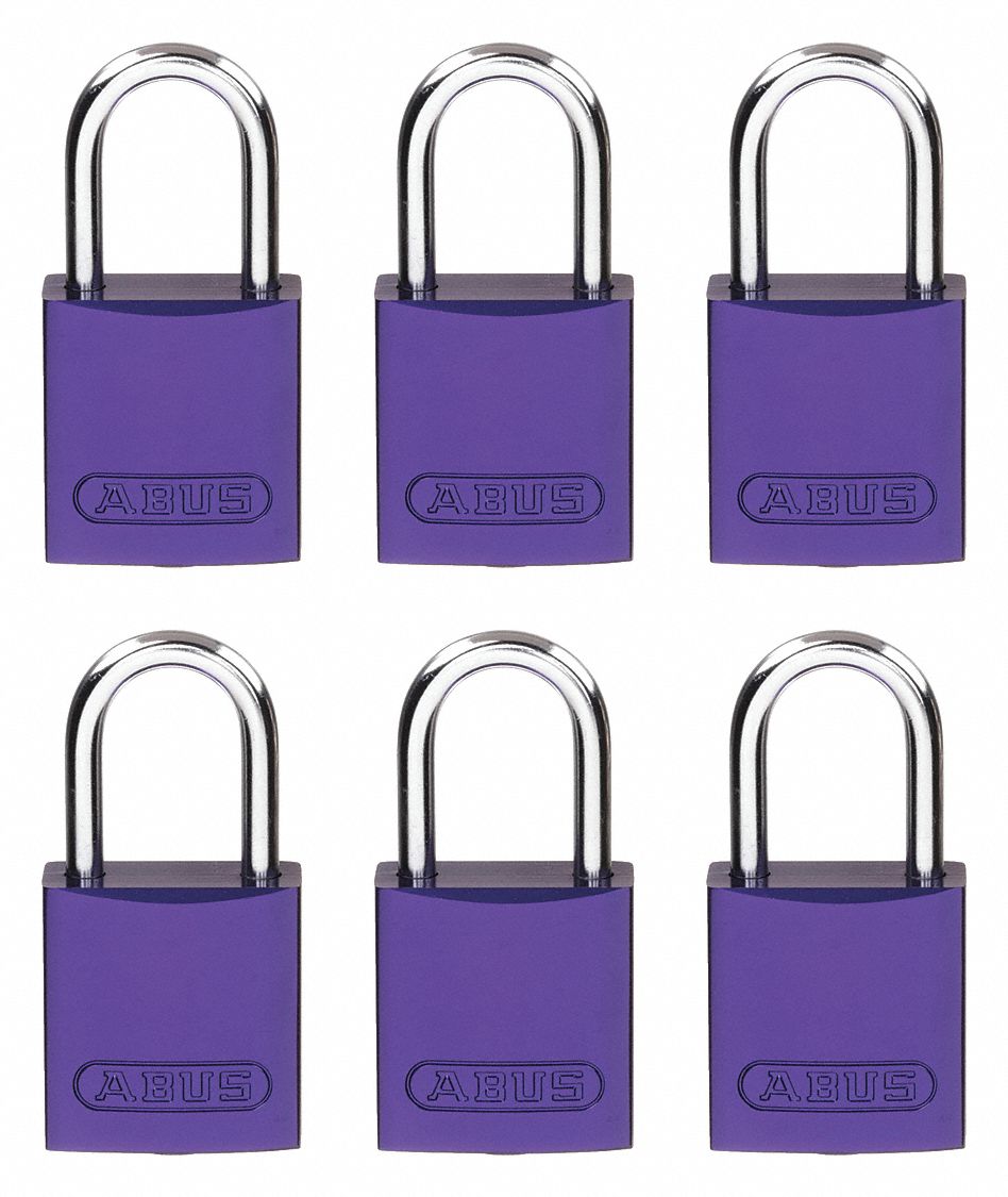 ABUS LOCKOUT PADLOCK, KEYED ALIKE, ALUMINUM, COMPACT BODY, STEEL, STD, PURPLE, 6 PK - Lockout ...