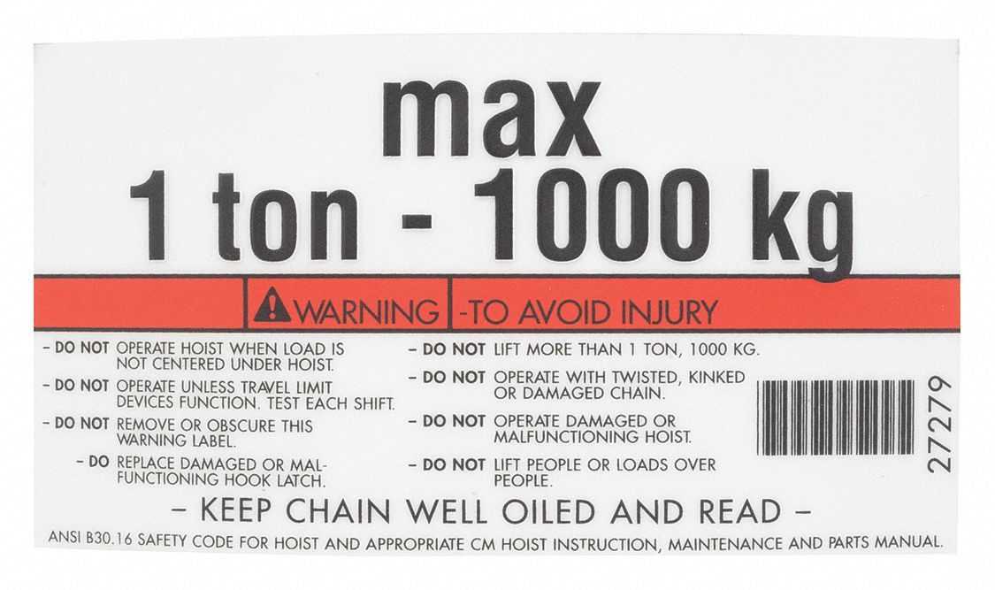 CM, Electric Chain Hoists, 2,000 lb Compatible Load Capacity, Capacity ...