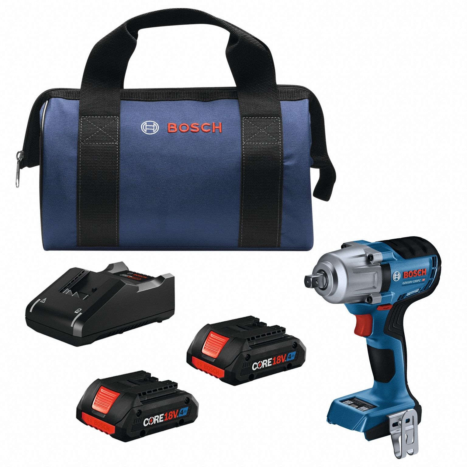 BOSCH, 1/2 in Drive Size, 330 ft-lb Fastening Torque, Impact Wrench ...