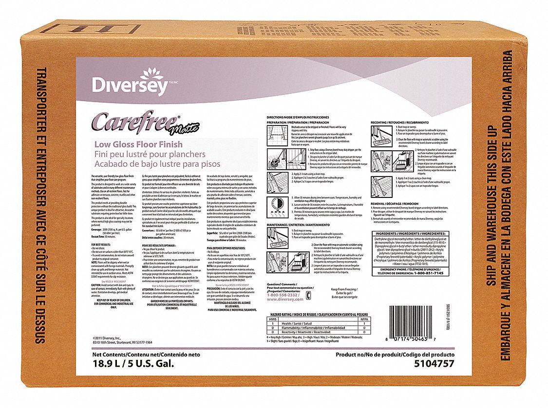 DIVERSEY Floor Finish: Box, 5 gal Container Size, Ready to Use, Liquid ...