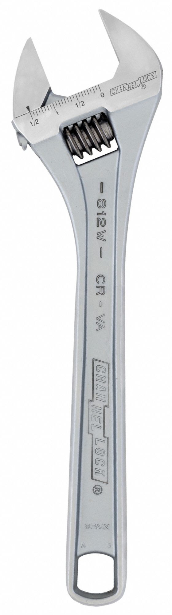 CHANNELLOCK Adjustable Wrench: Alloy Steel, Chrome, 12 in Overall Lg, 1 ...