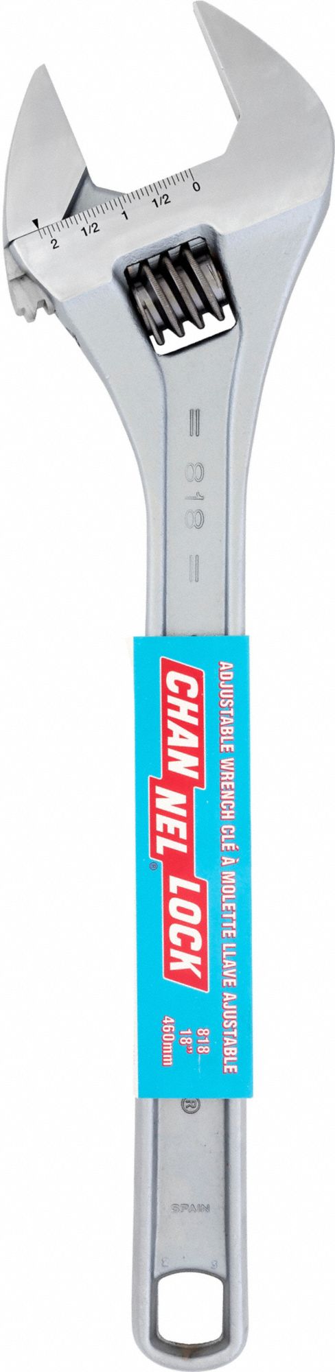 CHANNELLOCK Adjustable Wrench: Alloy Steel, Chrome, 18 in Overall Lg, 2 ...