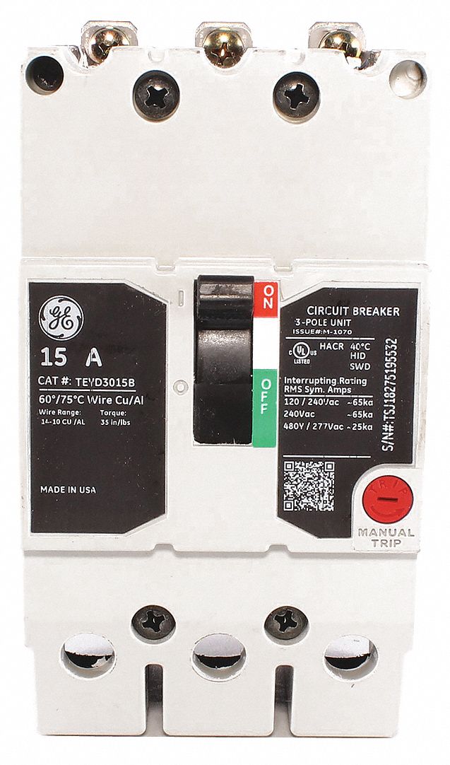 GE, 15 A Amps, 25kA at 277/480V AC, Molded Case Circuit Breaker - 32HZ23|TEYD3015B - Grainger