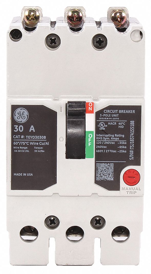 GE, 30 A Amps, 25kA at 277/480V AC, Molded Case Circuit Breaker - 32HZ26|TEYD3030B - Grainger