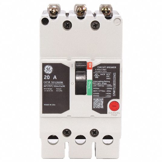GE, 20 A Amps, 65kA at 277/480V AC, Molded Case Circuit Breaker - 32HZ54|TEYL3020B - Grainger