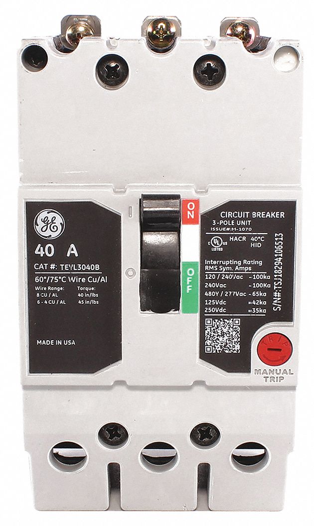 GE, 40 A Amps, 65kA at 277/480V AC, Molded Case Circuit Breaker - 32HZ58|TEYL3040B - Grainger