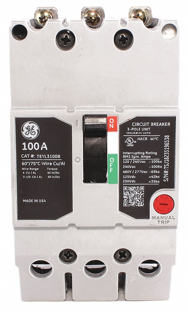 GE, 100 A Amps, 65kA at 277/480V AC, Molded Case Circuit Breaker - 32HZ65|TEYL3100B - Grainger