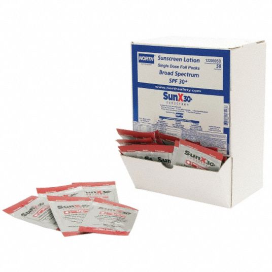 Sunscreen, Lotion, Box, Wrapped Packets, 0.250 oz, 0.25 oz, PK 50 ...