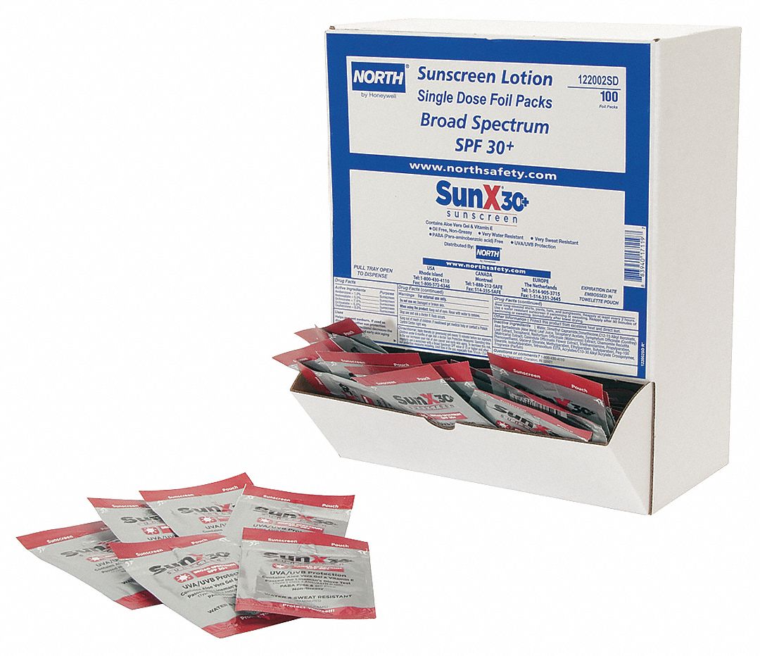 Sunscreen, Lotion, Box, Wrapped Packets, 0.250 oz, 0.25 oz, PK 100 ...