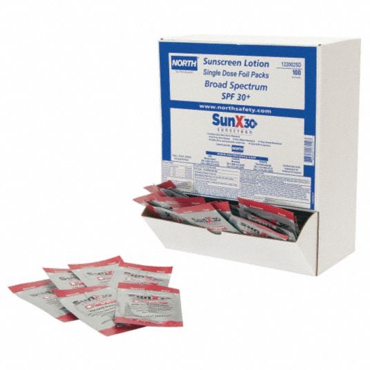 Sunscreen, Lotion, Box, Wrapped Packets, 0.250 oz, 0.25 oz, PK 100 ...