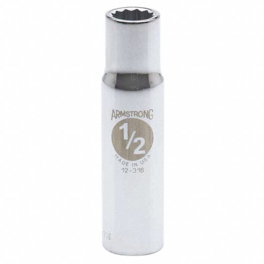 Deep Socket, 1/2 in Drive Size, Steel, Chrome Finish - Grainger