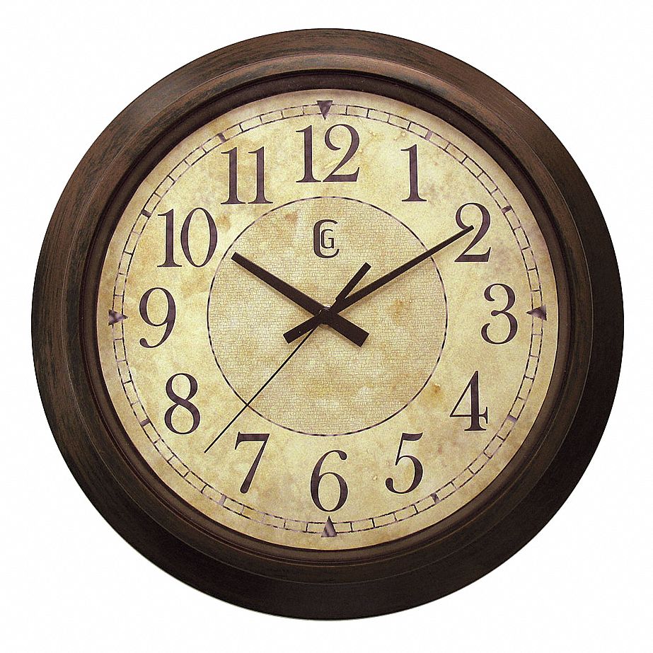 14 in Round Arabic Wall Clock, Brown Plastic Frame - Grainger